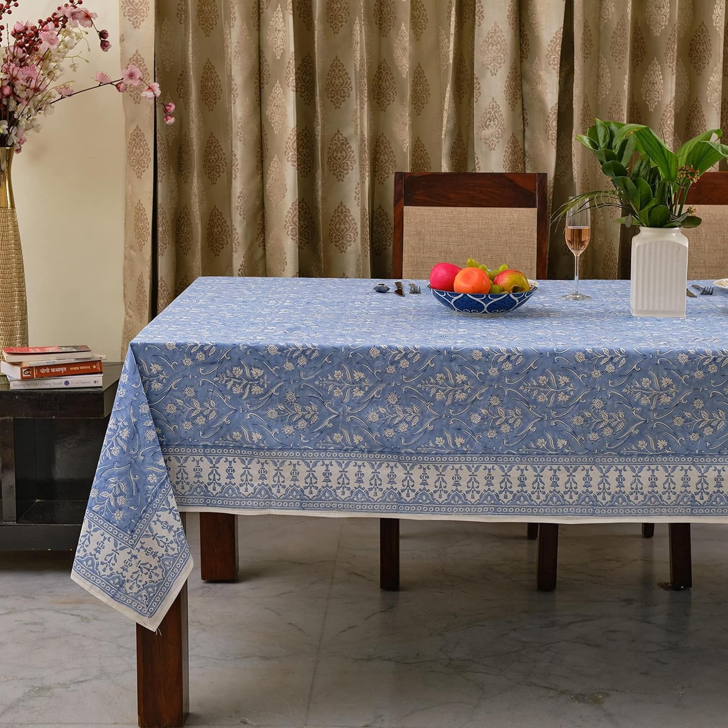 Hand Block Print Lapis Blue Rectangle Cotton Tablecloth 160" x 72 ...