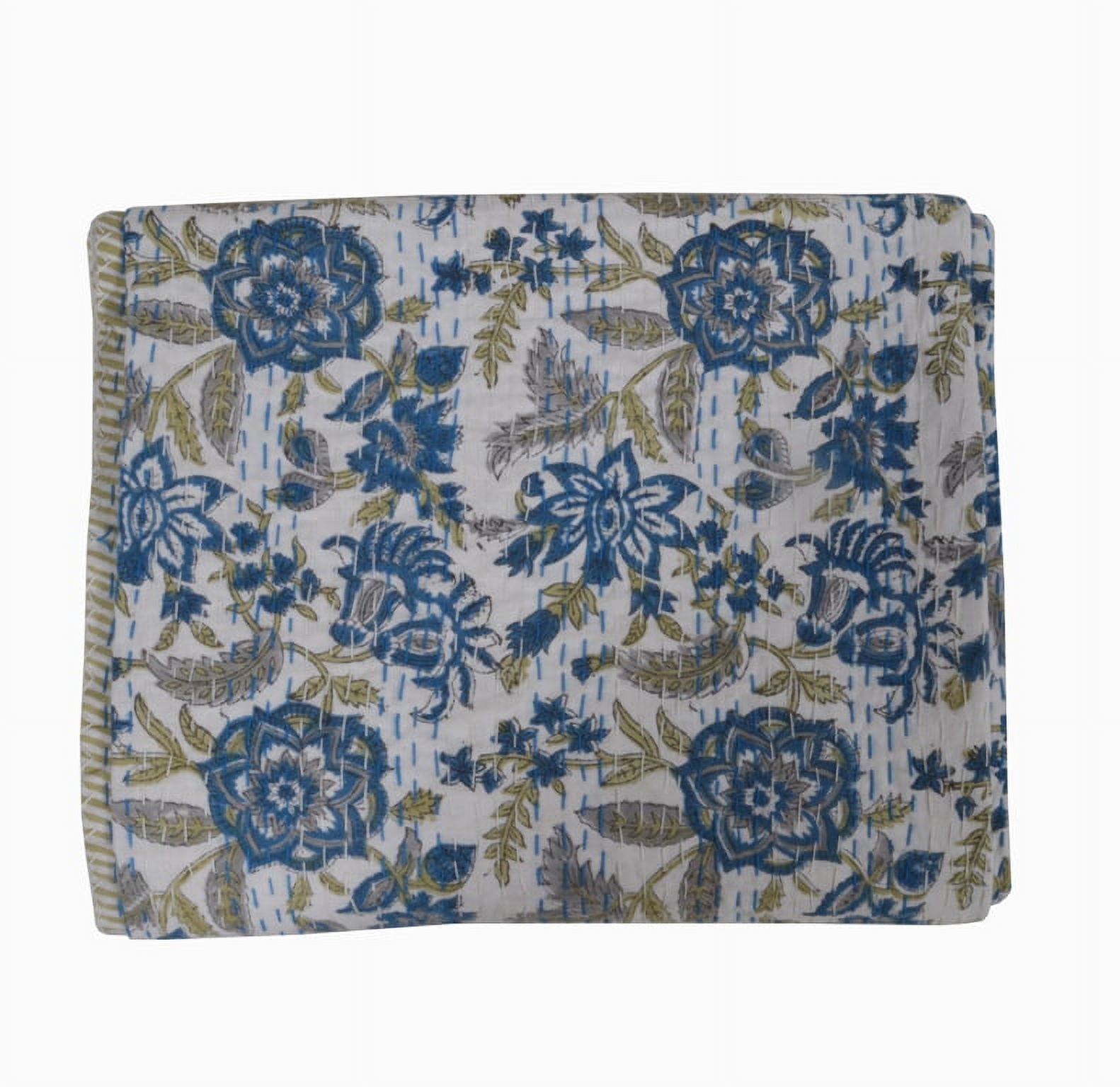 Boho Handmade Indian Kantha Quilt, Queen Size Hand Block Print, Cotton ...