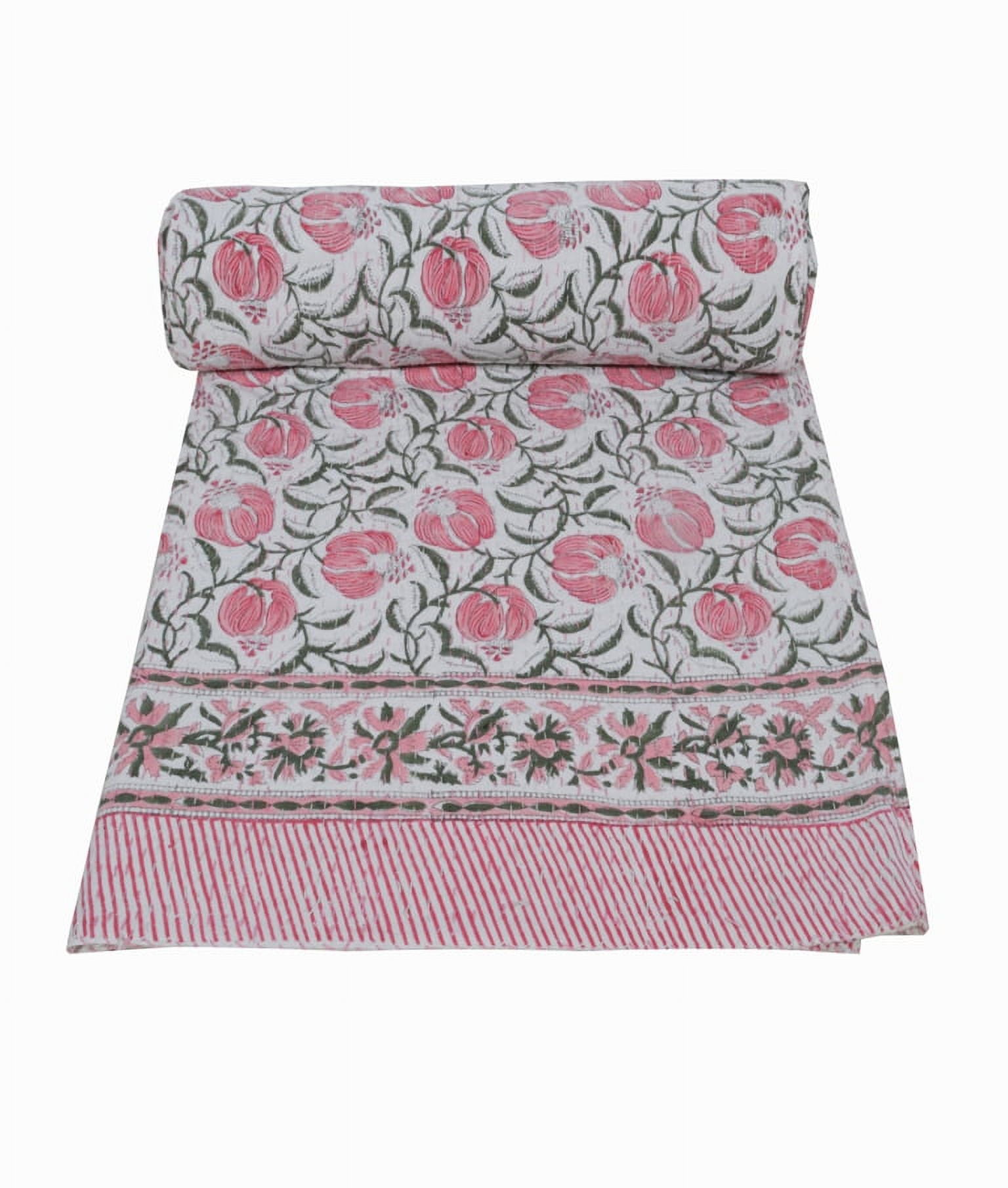 Hand Block Print Quilt Queen Kantha Quilt Vintage Boho Bedspread Cotton ...