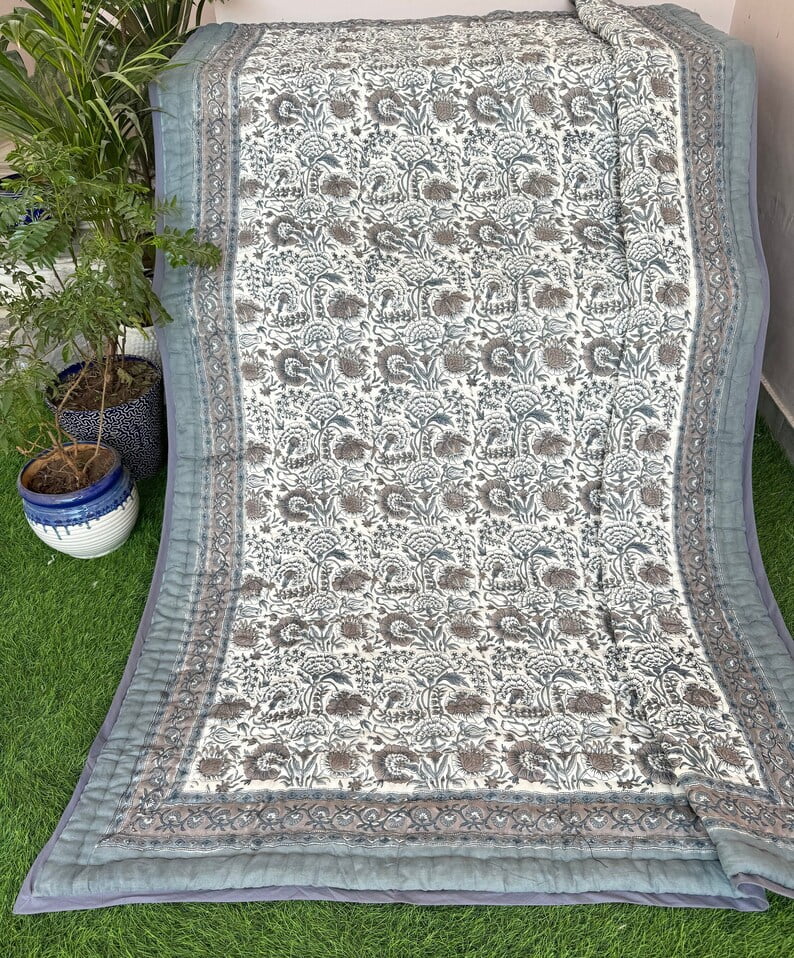 Hand Block Print Reversible Queen Size Razai Quilt Cozy Lightweight ...