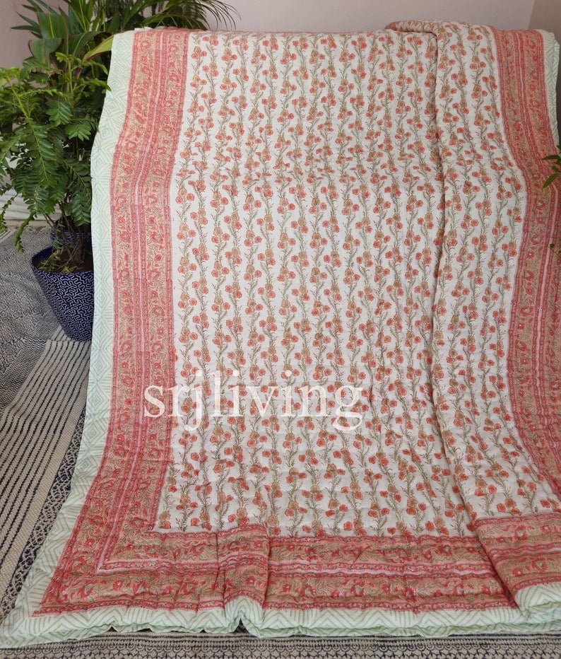 Hand Block Printed Quilt Handmade floral Cotton Quilted Quilt Cotton ...