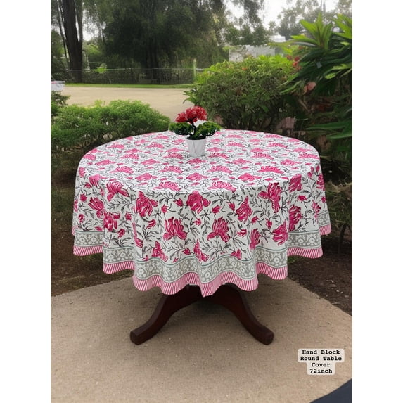 Hand Block Printed Round Cotton Tablecloth 72" – Floral Table Cover for ...