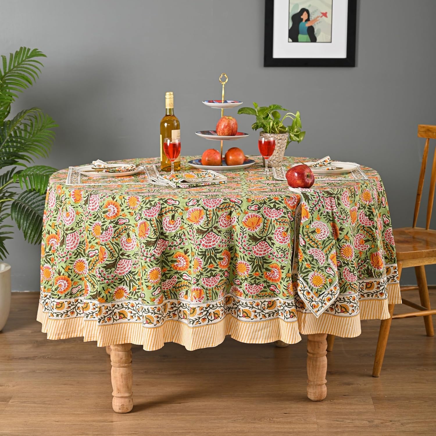 Hand Block Printed Tablecloth, Colorful Floral Print, Indian Artisan ...