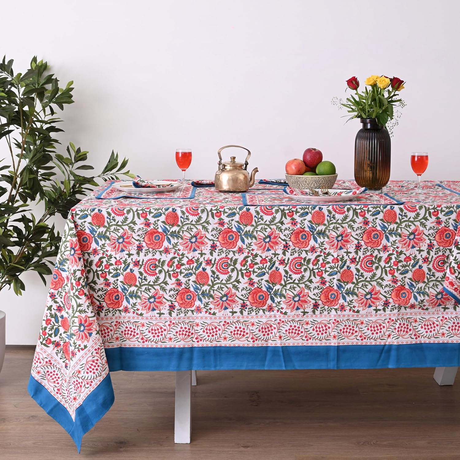Hand Block Printed Tablecloth, Colorful Floral Print, Indian Artisan ...