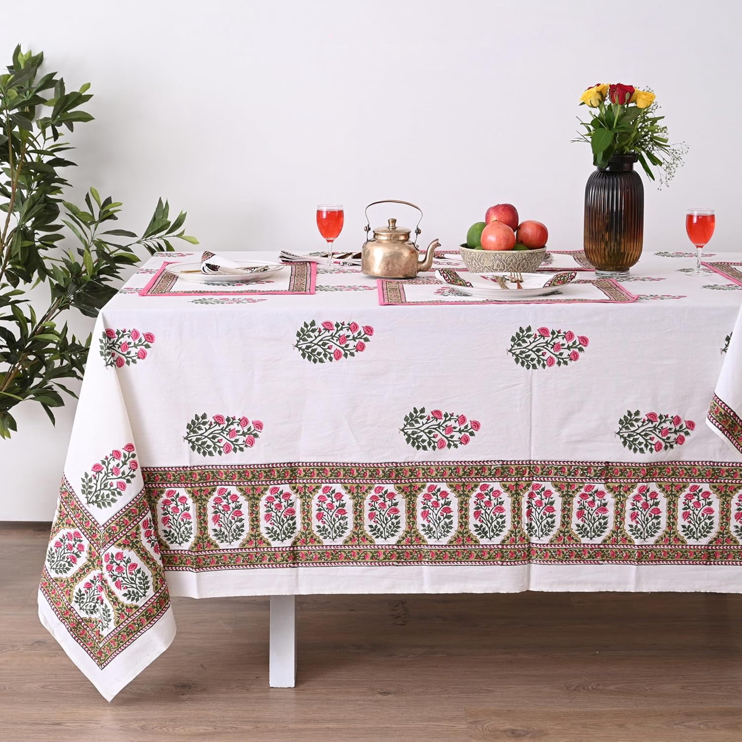 Hand Block Printed Tablecloth, Colorful Floral Print, Indian Artisan Handmade Art, Dining Room ...
