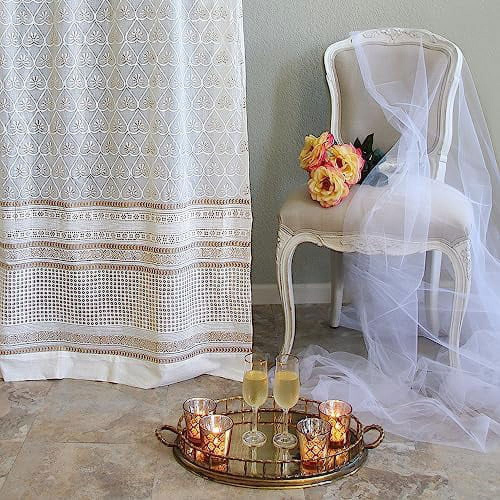 Hand Block Printed White & Sheer Curtain Panel With Tieback, 100% ...
