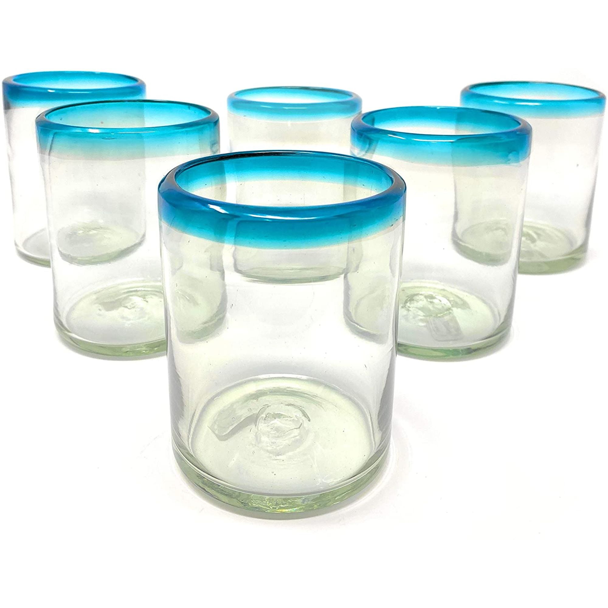 Dos SueÃ±os Hand Blown Drinking Glasses, Aqua Blue Rims, Set of 6, 10 ...