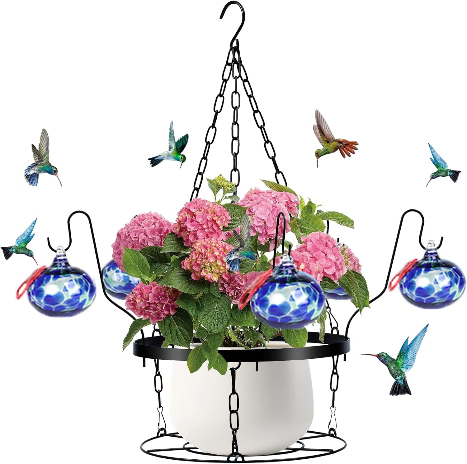 Hand Blown Glass Hummingbird Feeders for Outdoors with Hanging Planter ...