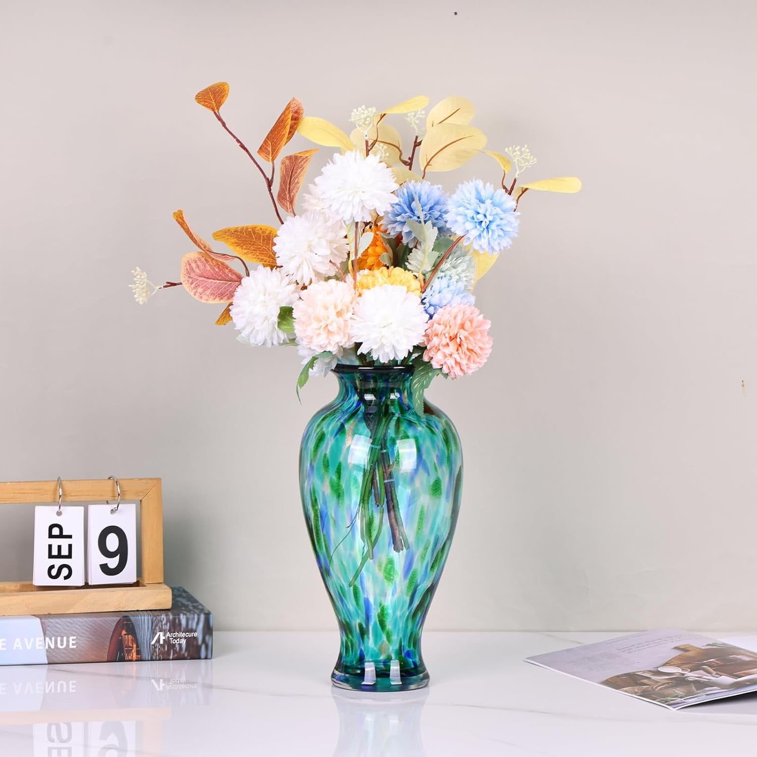 Hand Blown Glass Vase 11.8" Tall Beautiful Turquoise Sea Wide Mouth Bud Vase for Table ...