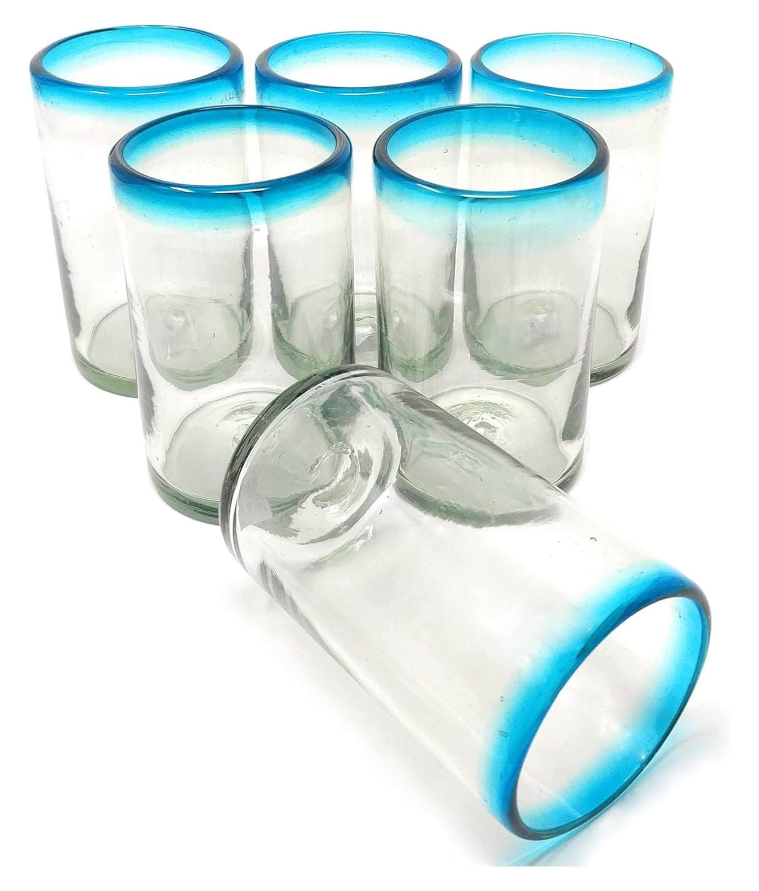 Hand Blown Mexican Drinking Glasses – Set of 6 Glasses with Aqua Rims ...
