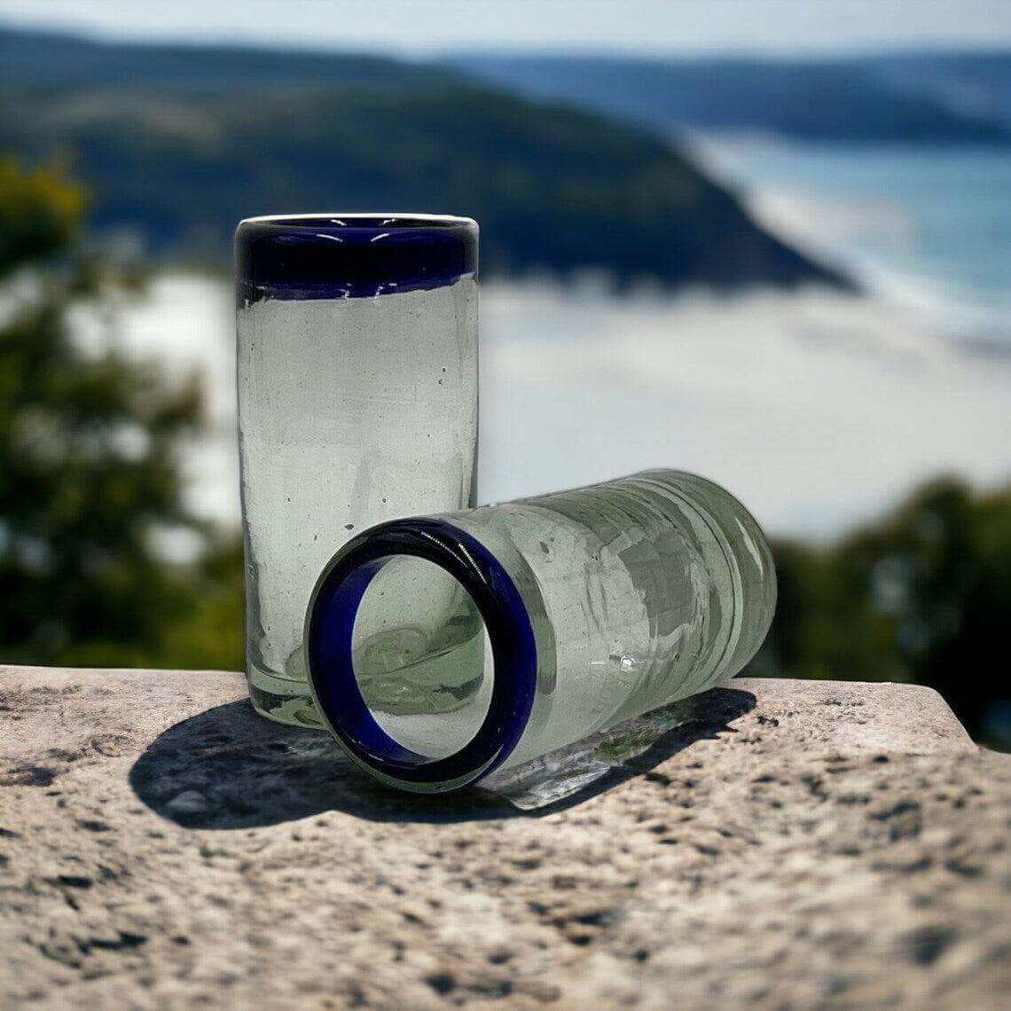 Hand Blown Mexican Shot Glass | Blue Rim Double Shot Glass Set (Setof6 ...