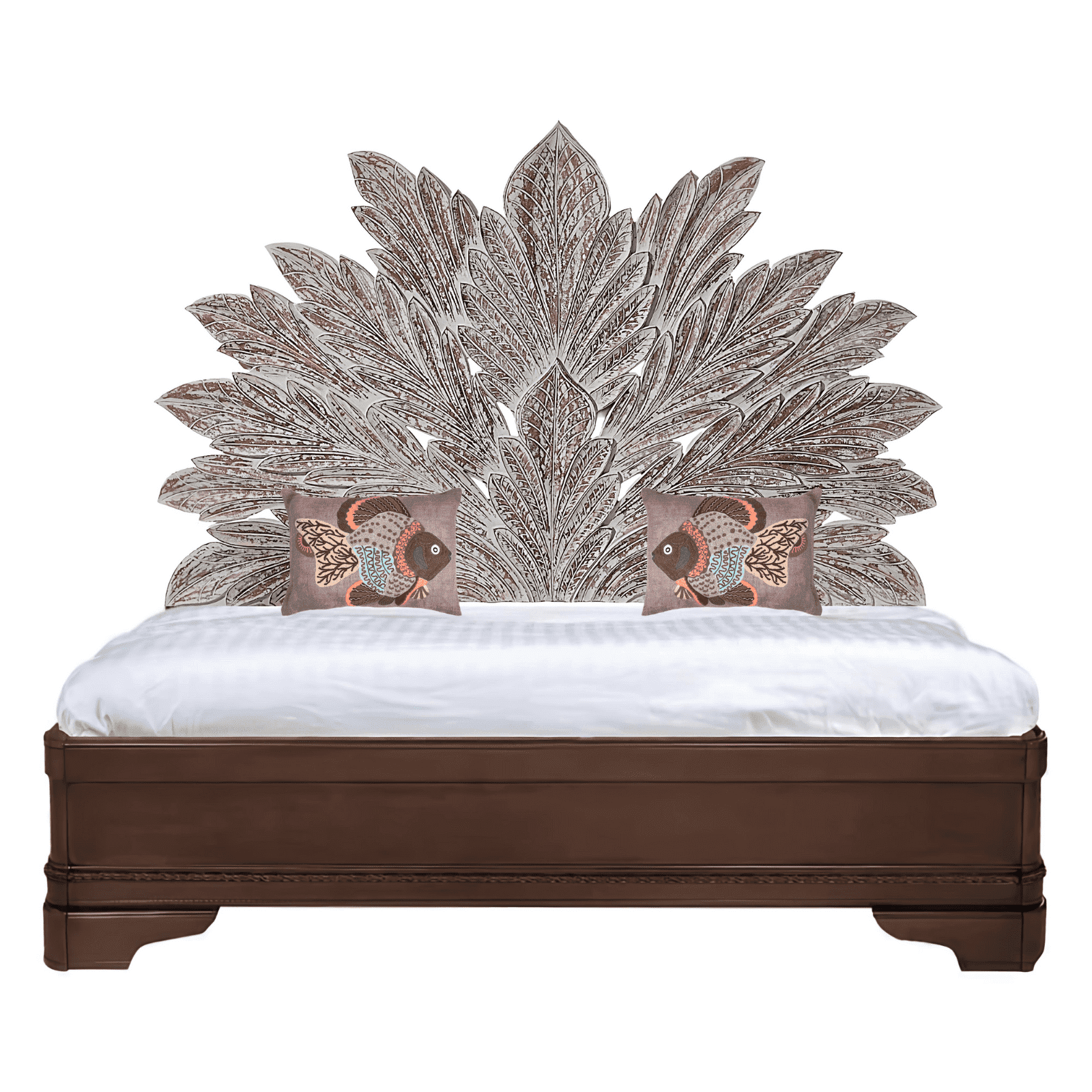 Hand Carved Half Moon Grey Wash Bed Headboard Big Palm Leaf Wall Decor ...