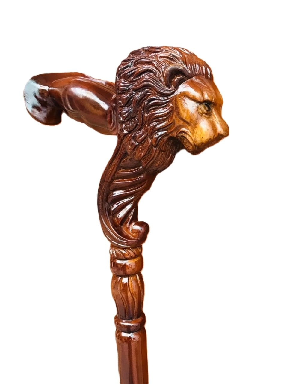 Hand Carved Lion Head Walking Cane With Natural Wood Grain - 36" Unique ...