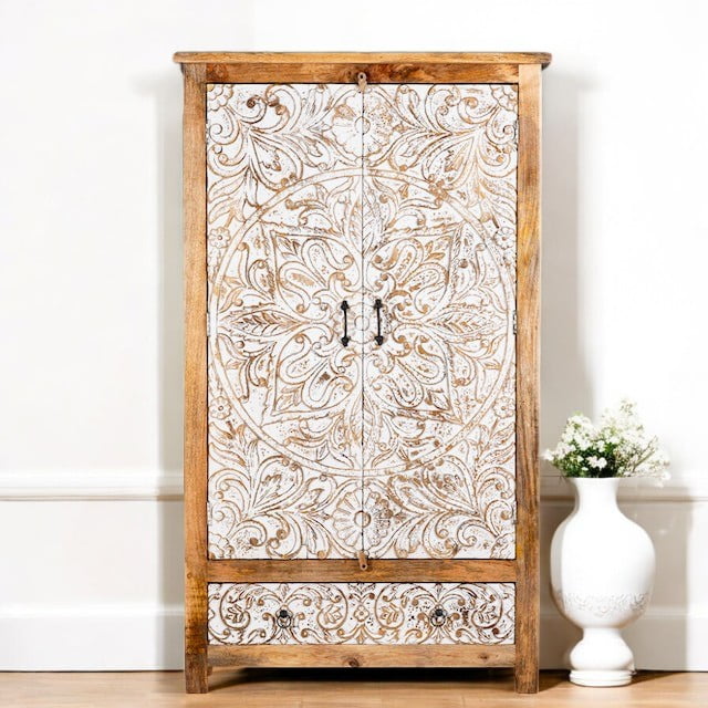 Hand-Carved Mango Wood Wardrobe – 180cm | Floral Elegance & Timeless ...
