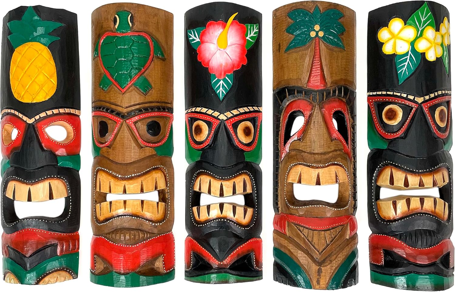 Hand-Carved Polynesian-Style Tiki Mask Set - Vibrant Tropical Wall Art ...