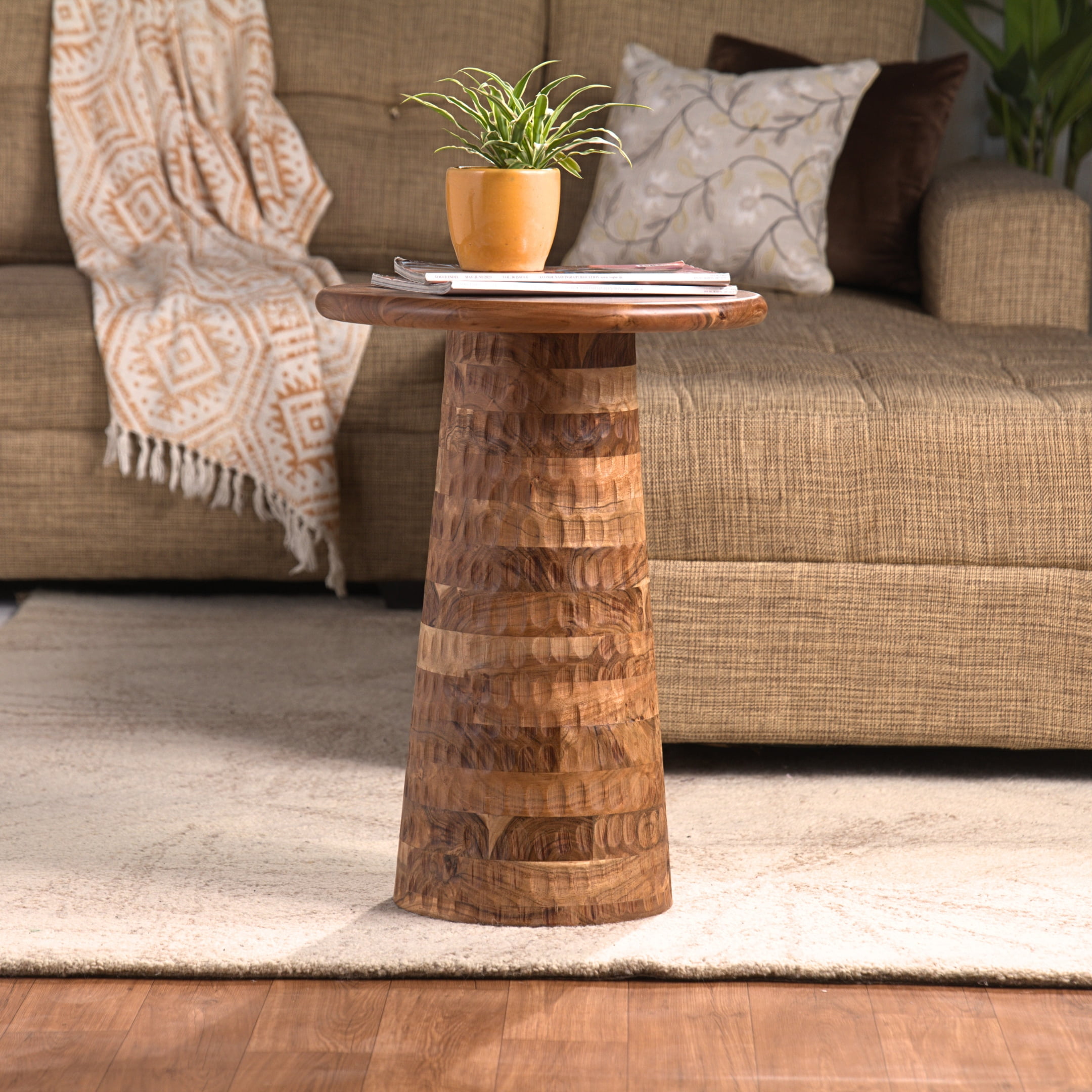 Hand-Carved Solid Wood Accent Table – Natural Mango Wood Side Table ...