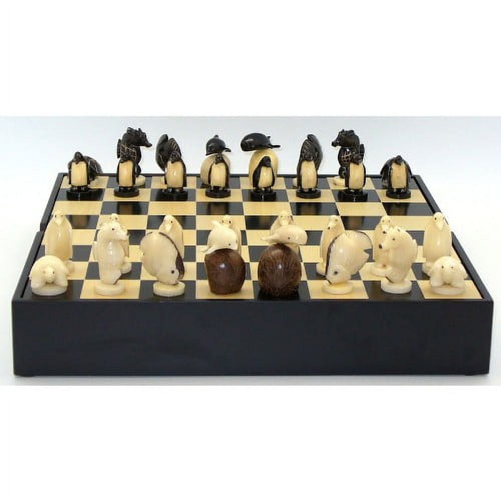 Hand Carved Tagua Nut Penguin Chess Set on Black Maple Board Storage ...