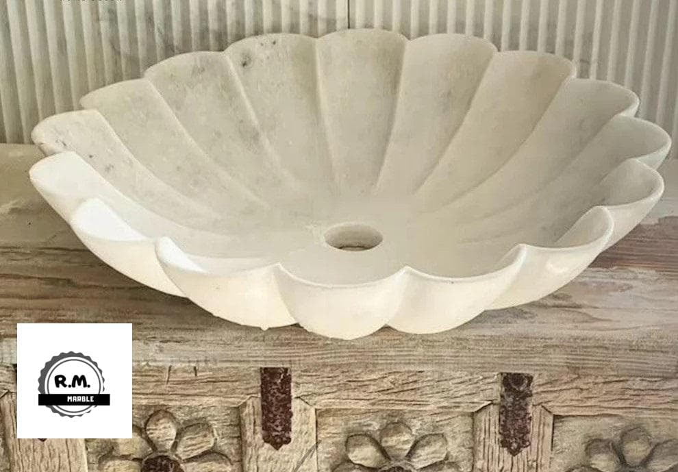 Hand Carved The Scallop Marble Wash Basin Designed White Marble Floral ...