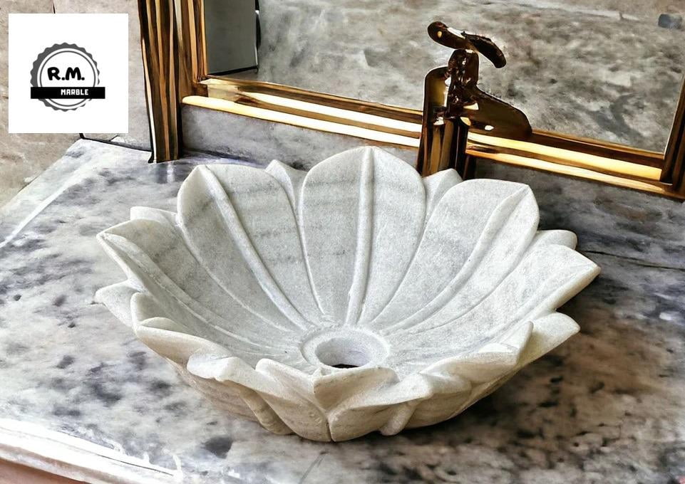 Hand Carved White Marble Floral Wash Basin Sink Petal Designed White ...