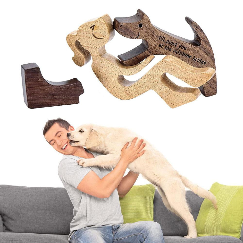 Hand Carved Wood Dog Human Statue Woman and Dog Wooden Office Home ...