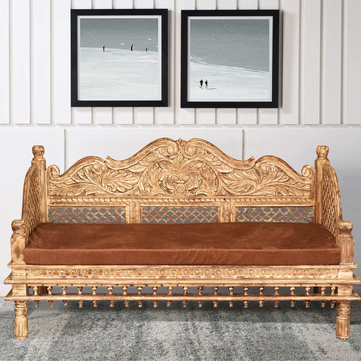 Hand Carved Wooden Sofa Bench | 3 Seater Sofa With Seat Cushion ...