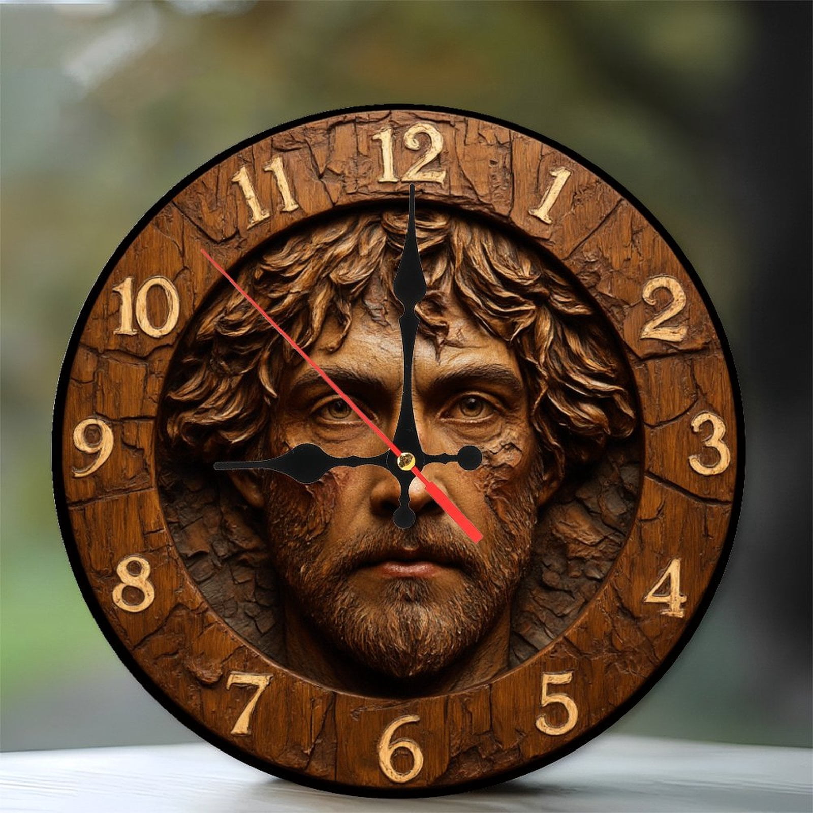 Hand Carved Wooden Wall Clock Man Face Unique Home Decor 10-Inch Silent ...
