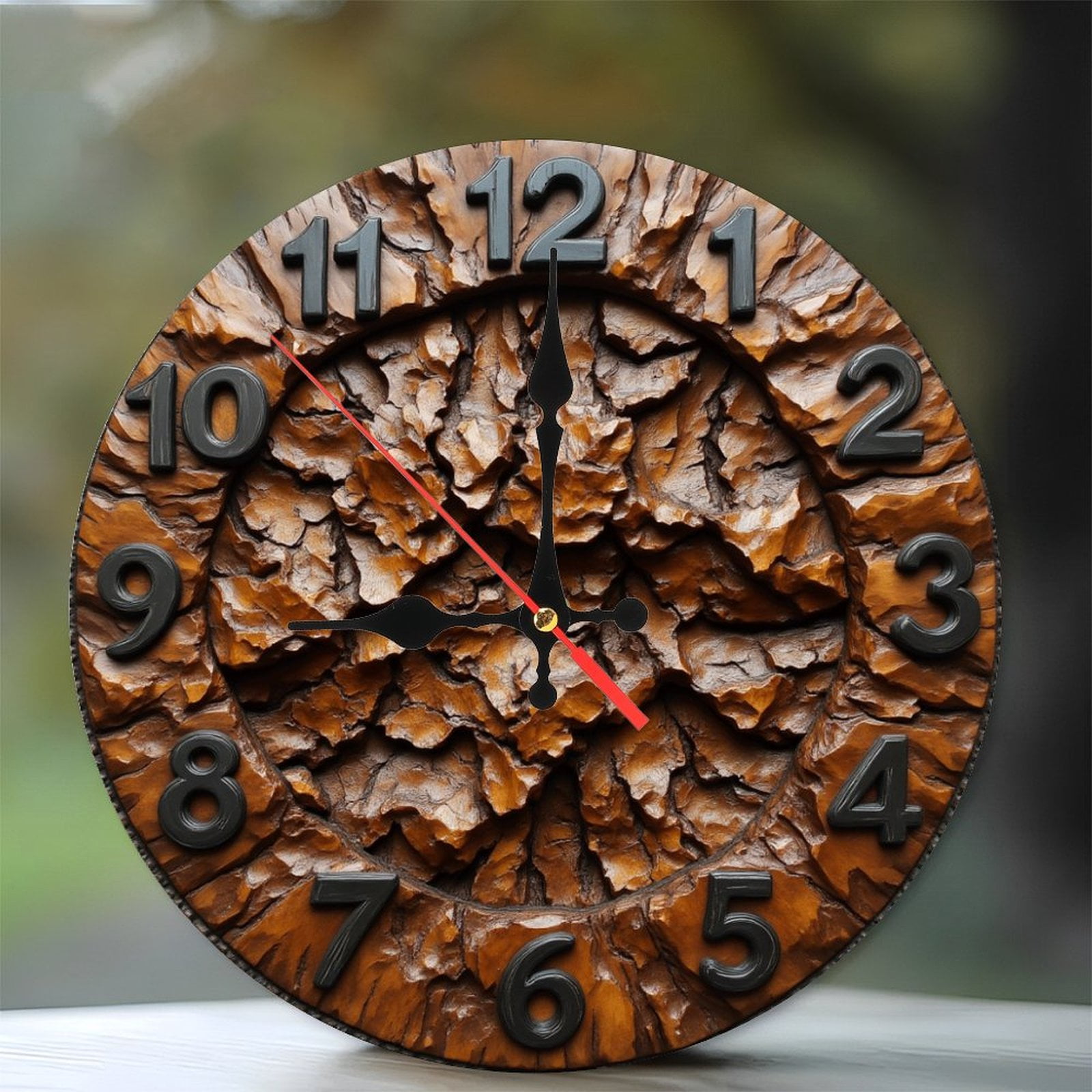 Hand Carved Wooden Wall Clock Rustic Brown Texture Home Decor 10-Inch ...