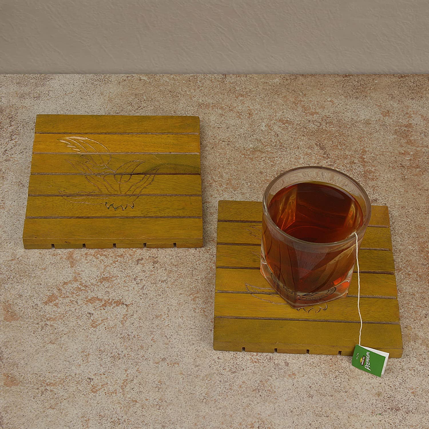 Hand Carved Yellow Wooden Trivets Set Of 2 | Coasters For Drinks | Hot ...