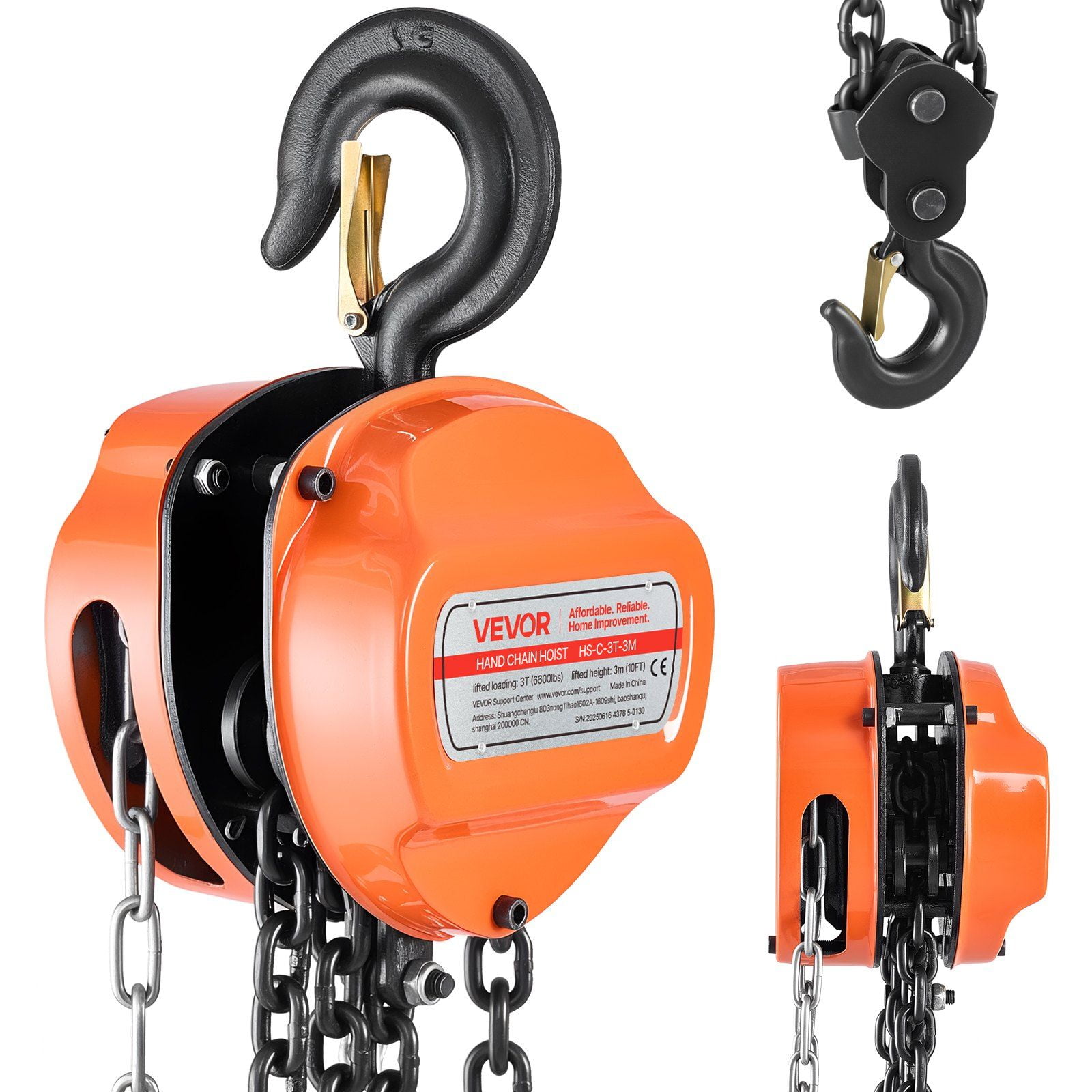Hand Chain Hoist, 3 Ton 6600 lbs Capacity, Manual Chain Block with ...