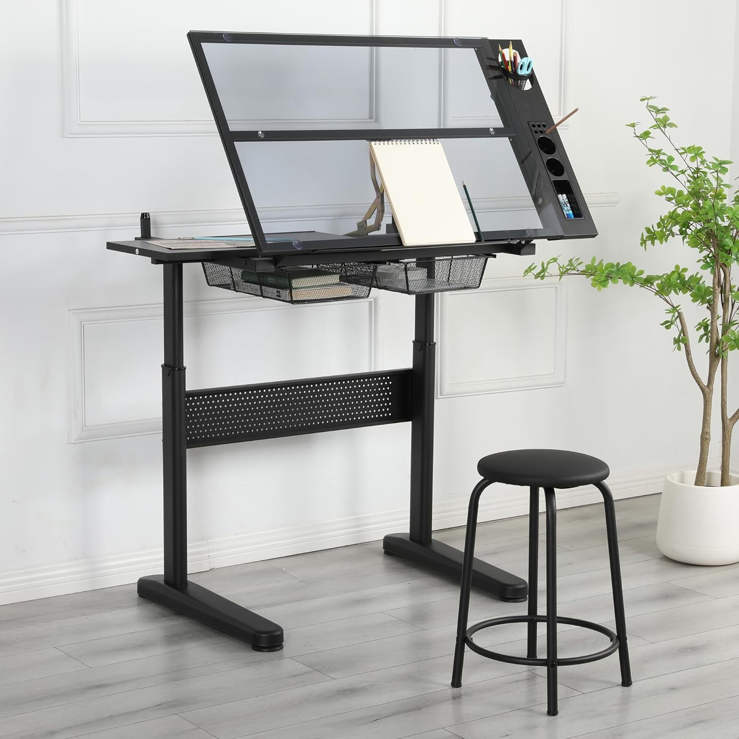 Hand Crank Adjustable Drafting Table,Drawing Desk with 2 Metal Drawers ...