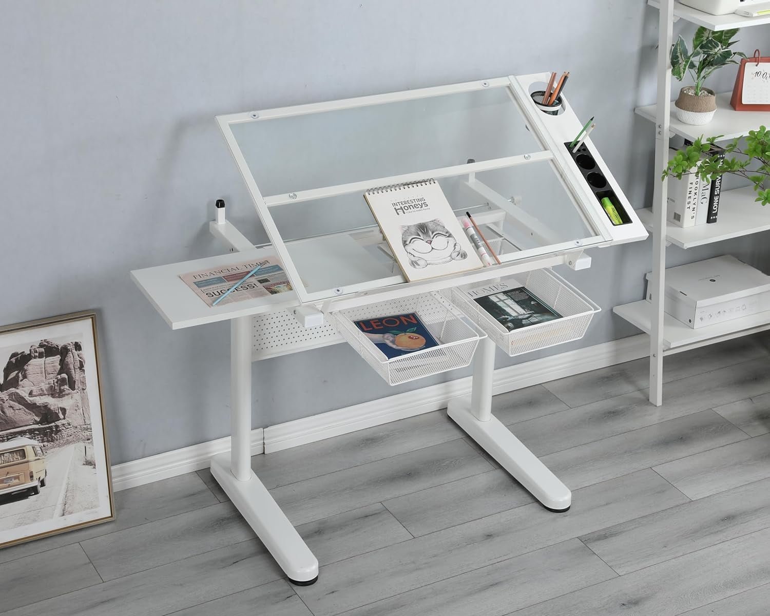 Hand Crank Adjustable Drafting Table,Drawing Desk with 2 Metal Drawers ...