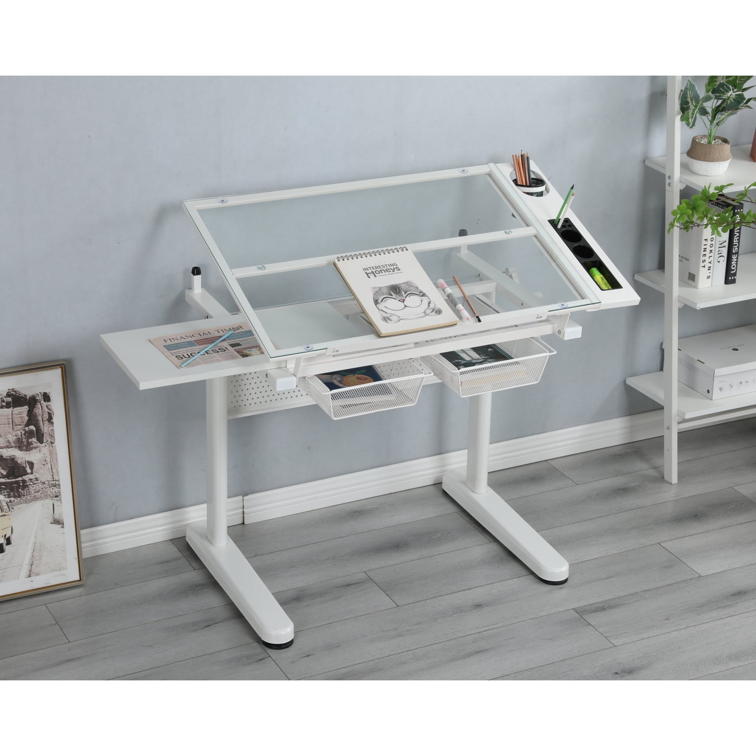 Hand Crank Adjustable Drafting Table Drawing Desk with 2 Metal Drawers (White) With Stool ...