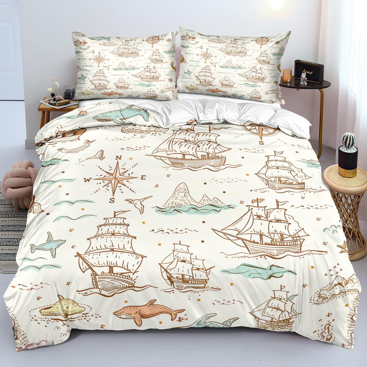 Hand Draw Sailboat Comforter Cover Cute Whale Duvet Cover Dolphin ...