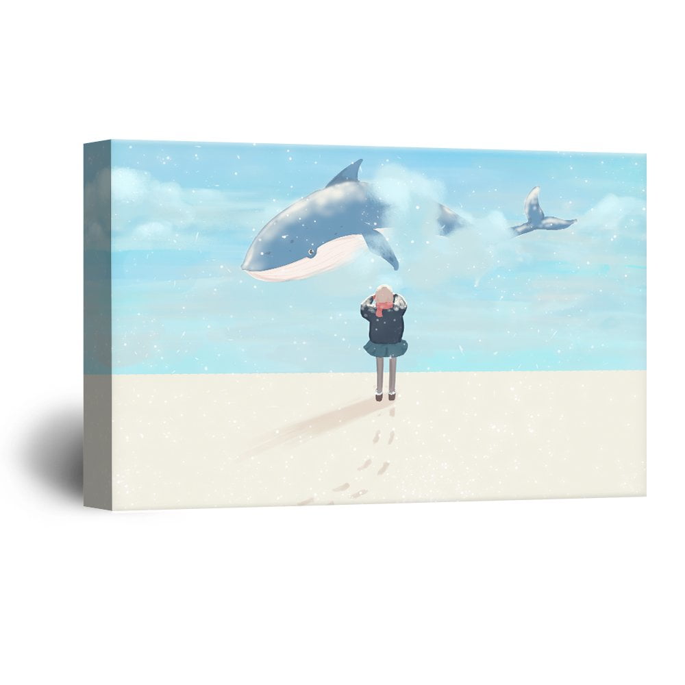 Hand Drawing Style Mystical Girl with a Flying Blue Whale Gallery 12x18 ...