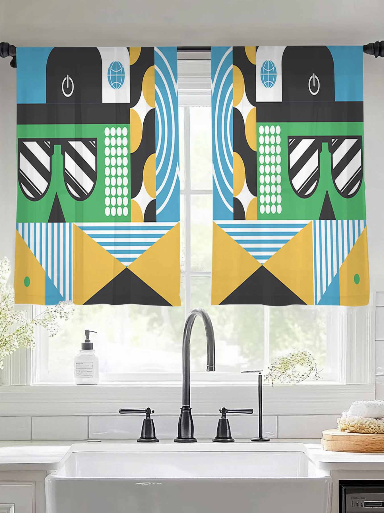 Hand Drawn Abstract Kids Cartoon Color Block Sheer Curtains 54 Inches ...