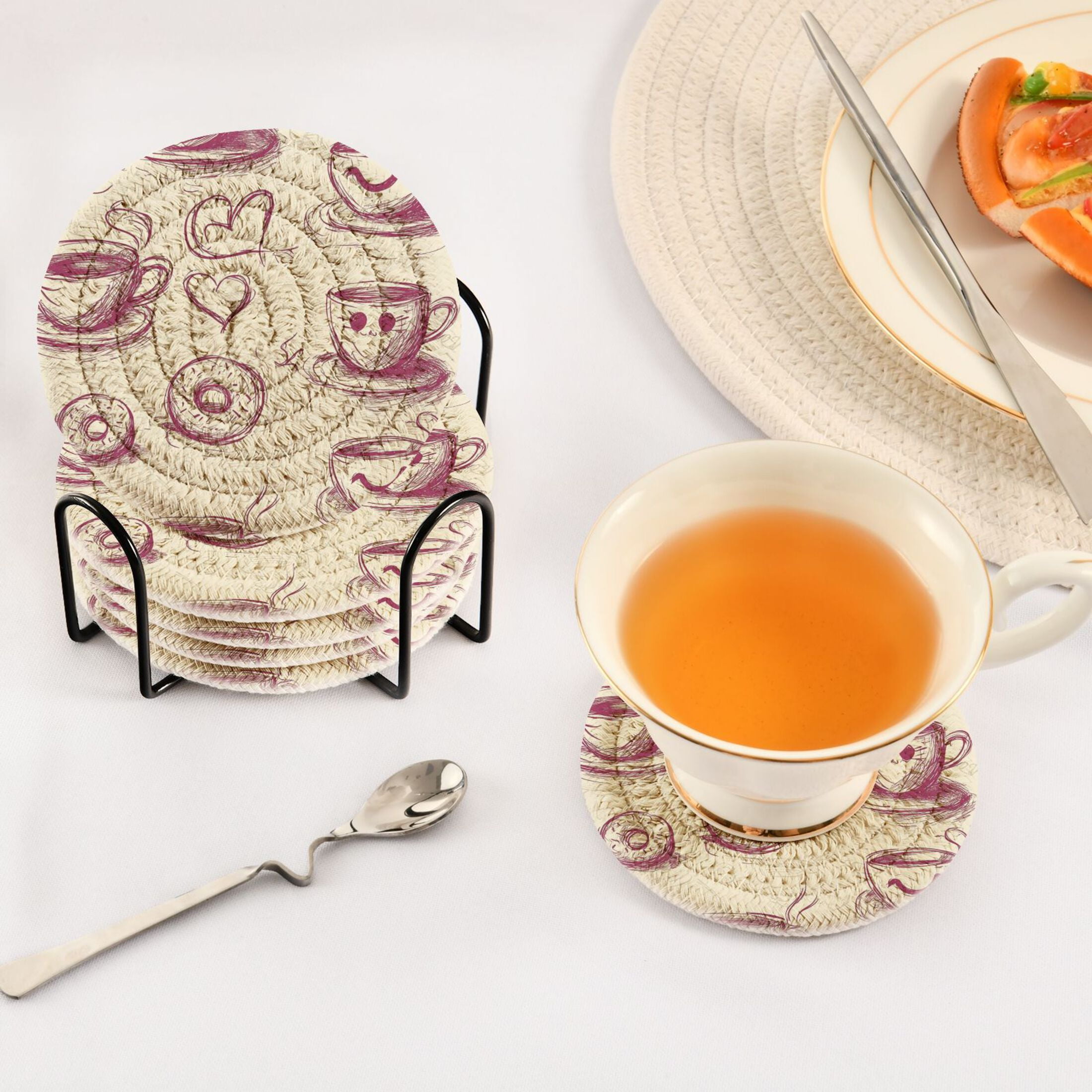 Hand Drawn Afternoon Tea Set of 6 Durable Woven Polyester Coasters with ...
