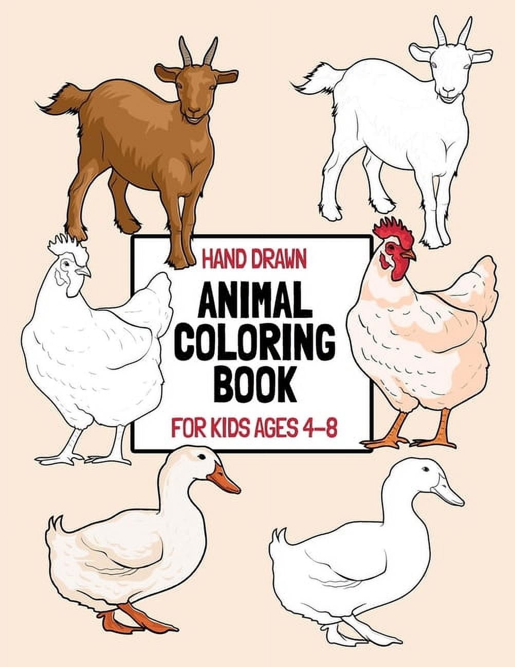 Hand Drawn Animal Coloring Book For Kids Ages 4-8: Large Print Coloring ...