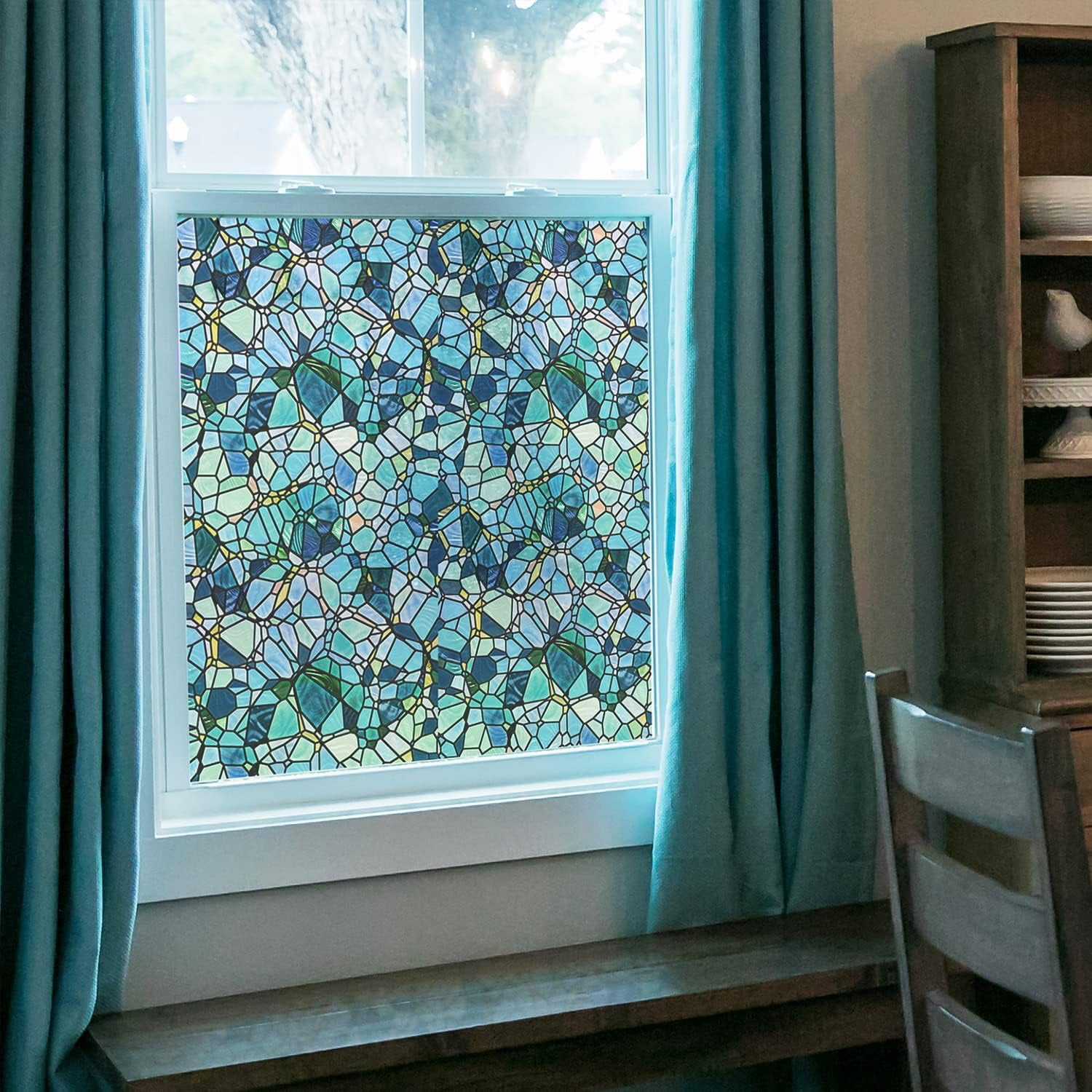 Hand-Drawn Blue Cobblestones Stained Glass Window Privacy Film, Double ...