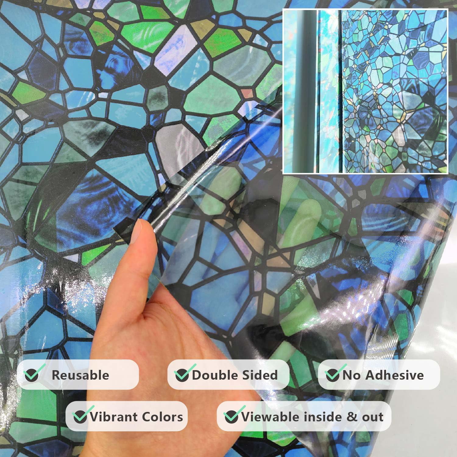 Hand-Drawn Blue Cobblestones Stained Glass Window Privacy Film, Double-Sided Thickened Static ...