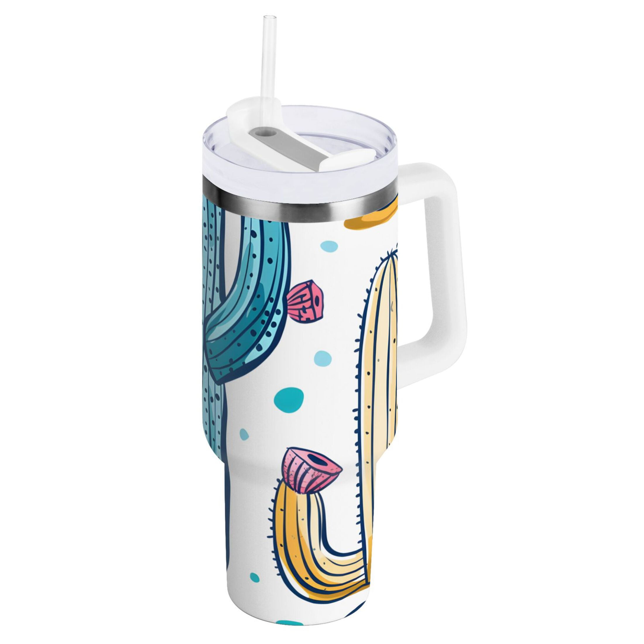 Hand Drawn Cactus Tumbler with Handle and Straw Insulated Travel Mug ...