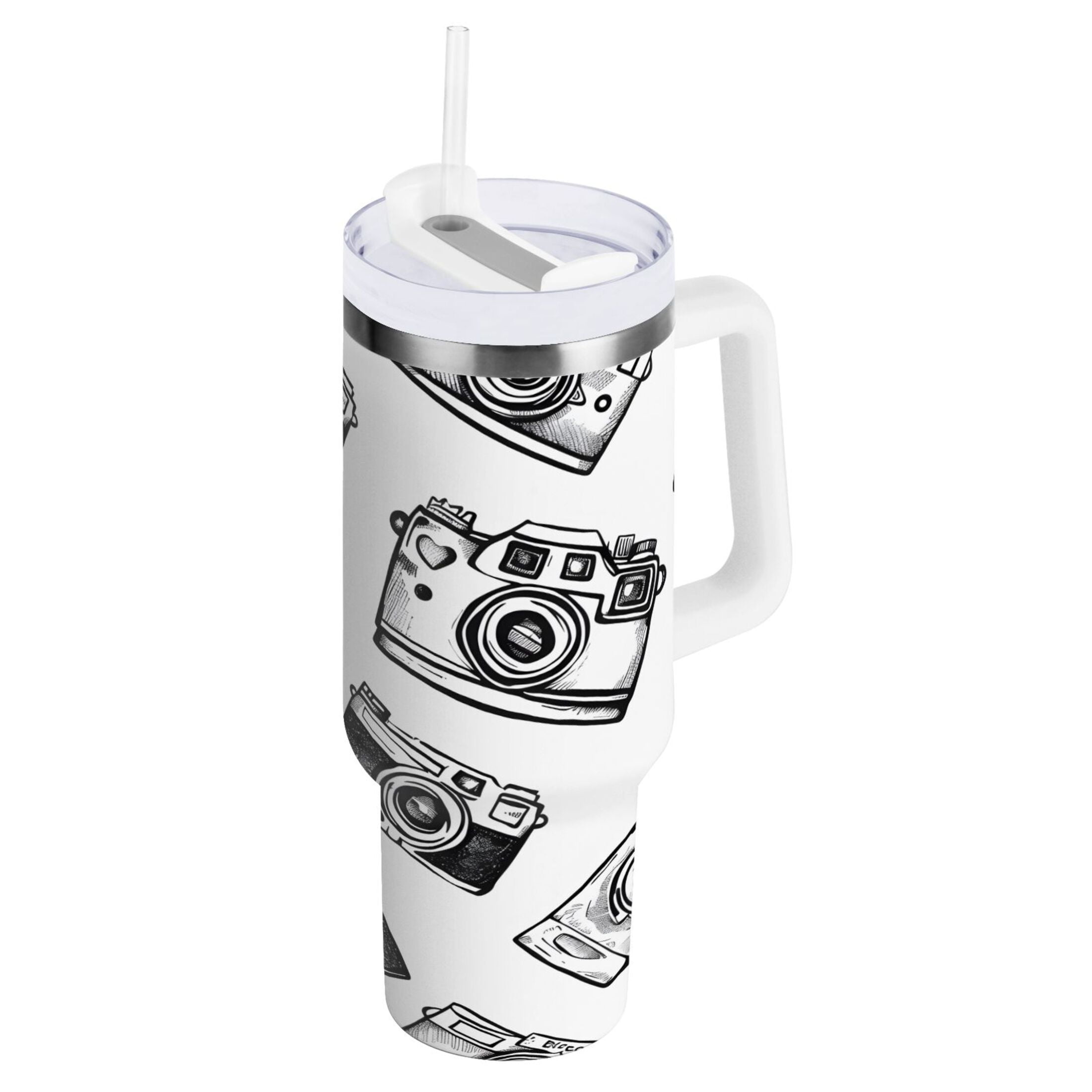 Hand Drawn Camera Tumbler with Handle and Straw Lid 30 oz Insulated ...