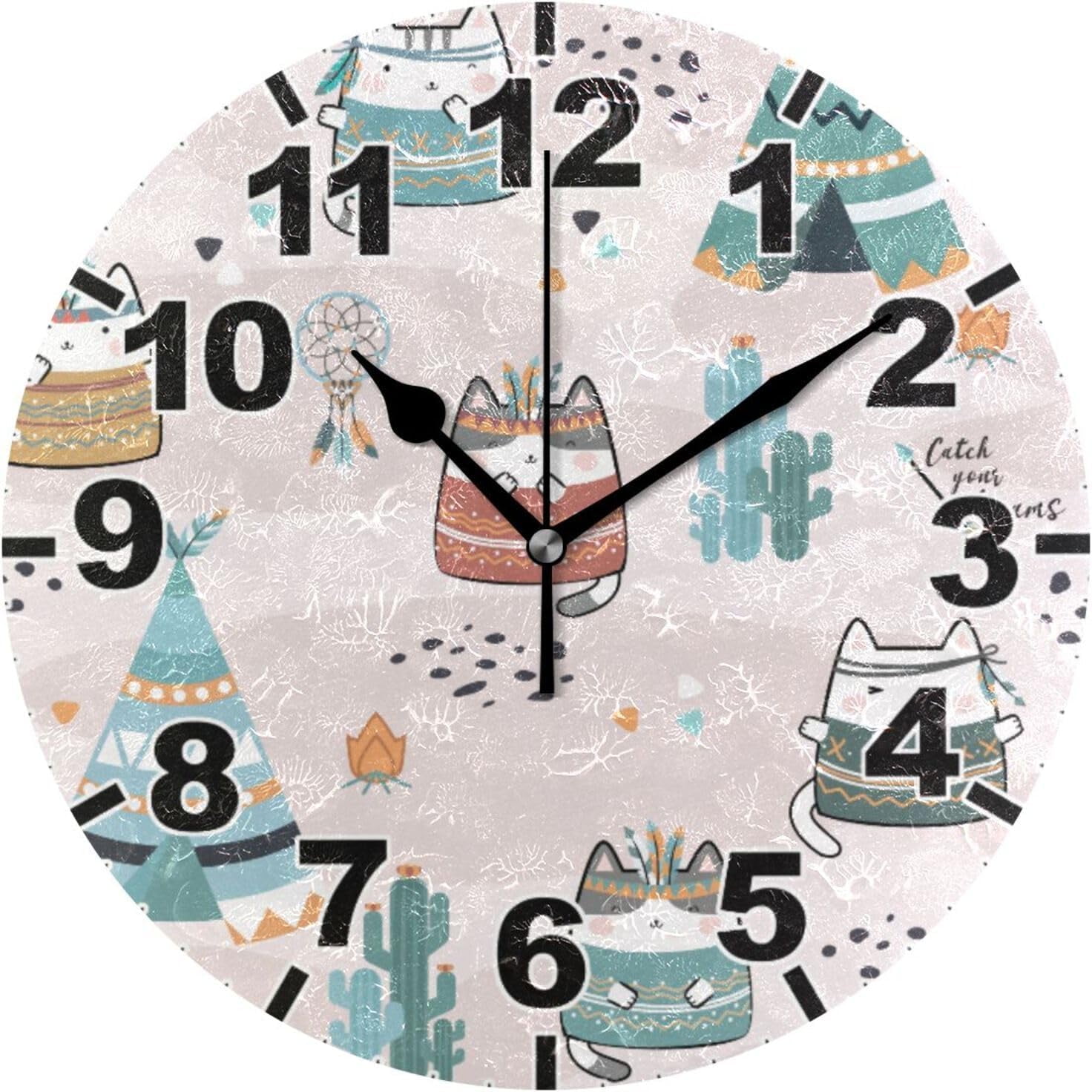 Hand Drawn Cartoon Cats Round Wall Clock, Battery Operated Silent Non ...