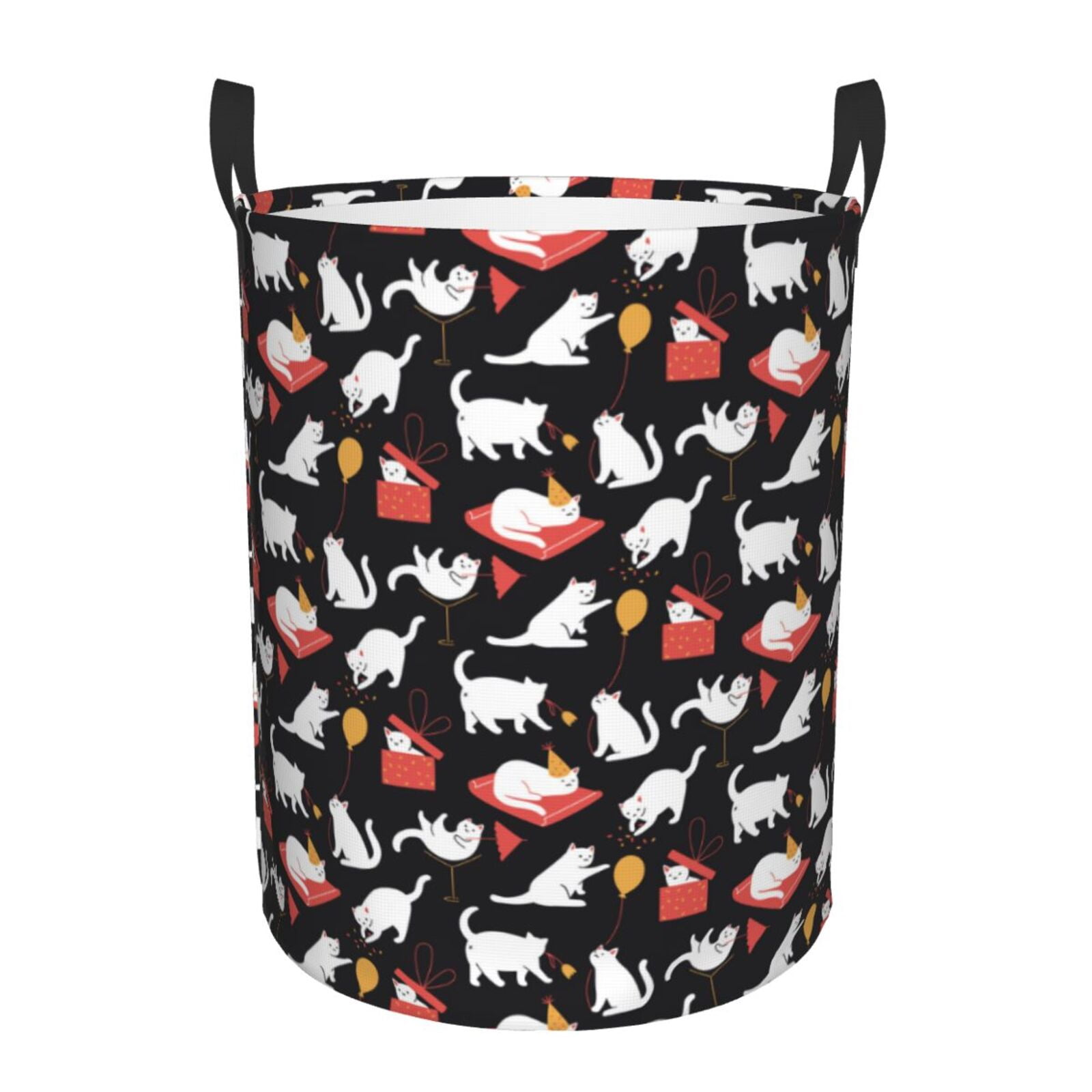 Hand Drawn Cartoon Gift Cat Round Laundry Basket, Laundry Hamper with ...