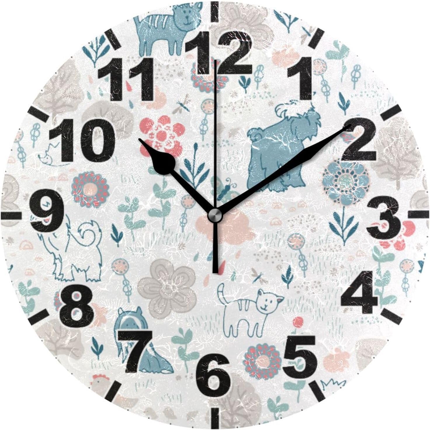 Hand Drawn Cartoon Nature and Animals Round Wall Clock, Battery ...