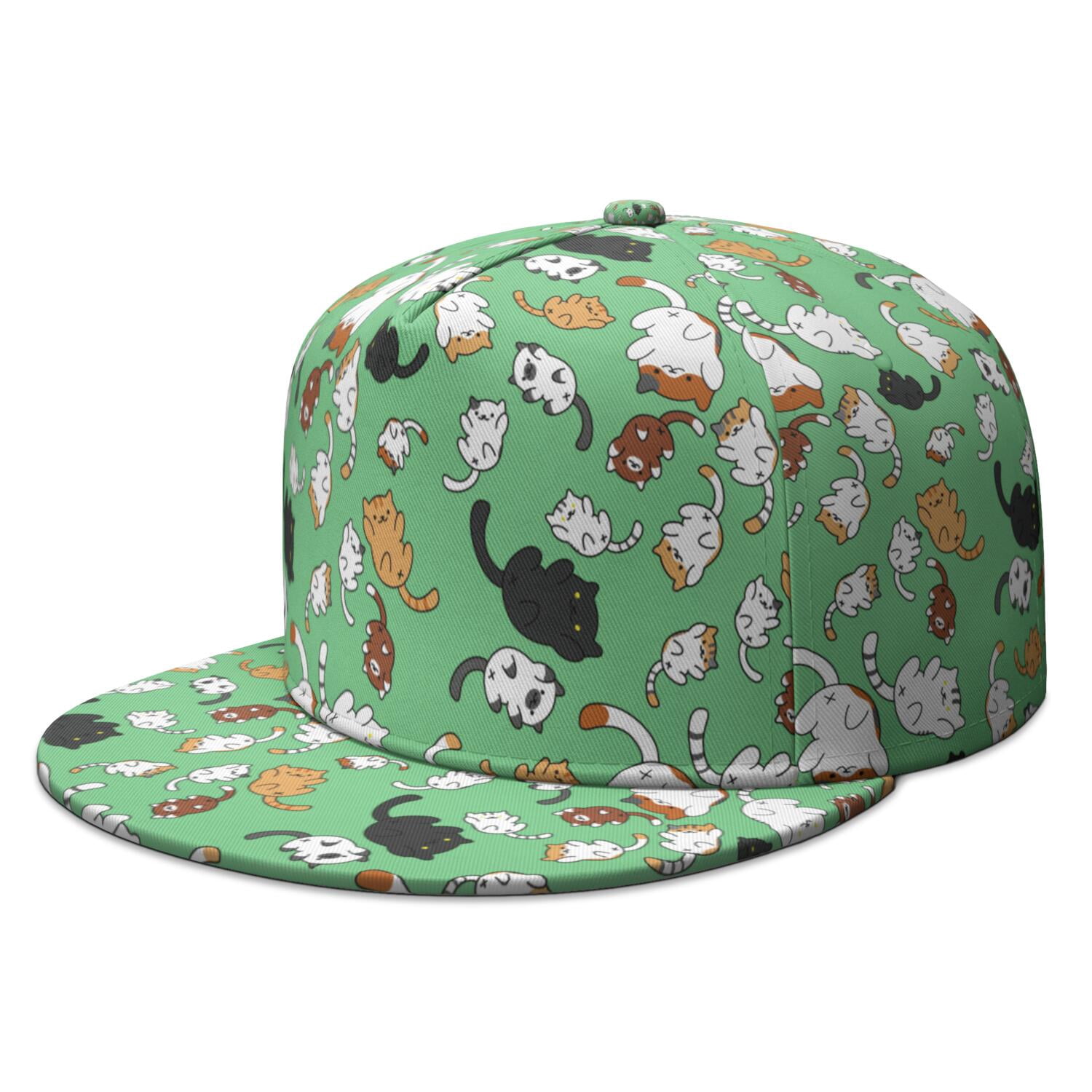 Hand-Drawn Cat Graphic Flat Brim Cap - Funny Cat Illustration ...