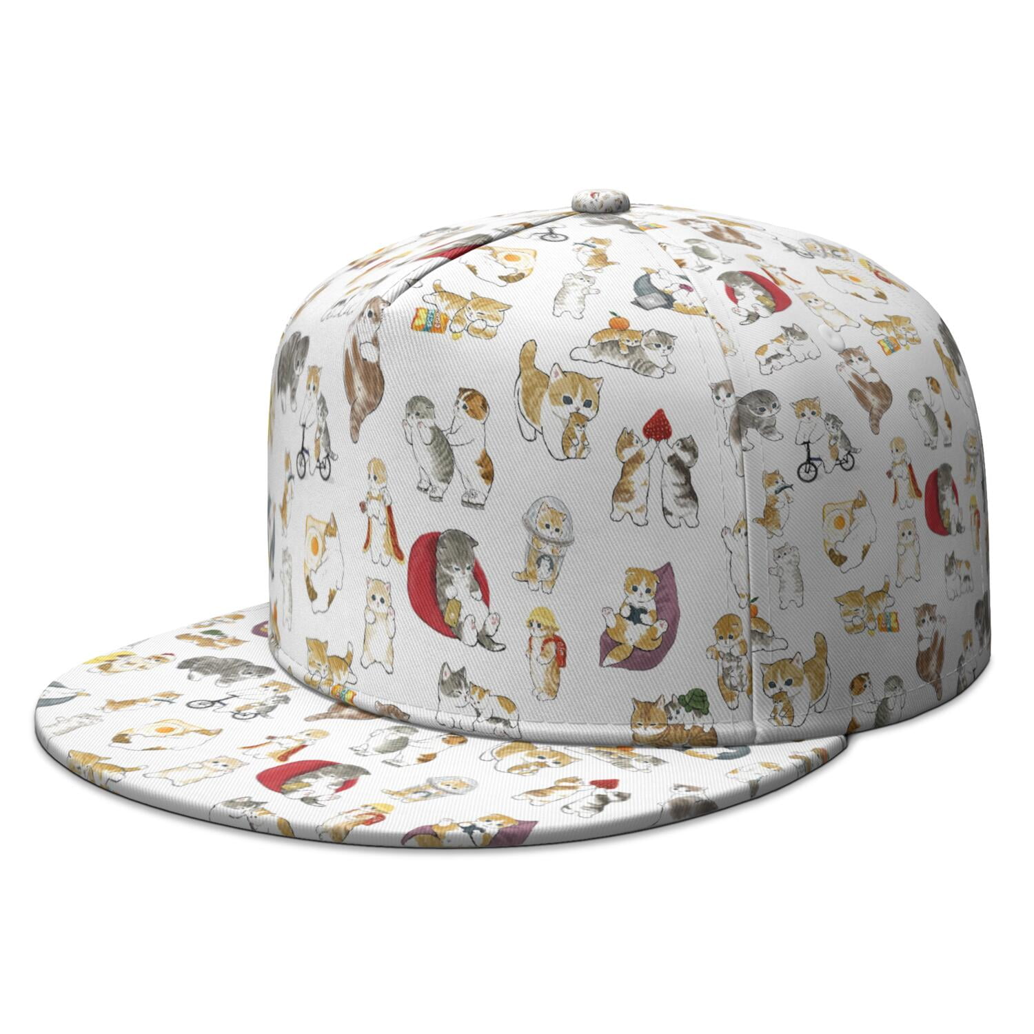 Hand-Drawn Cat Graphic Flat Brim Cap - Funny Cat Illustration ...