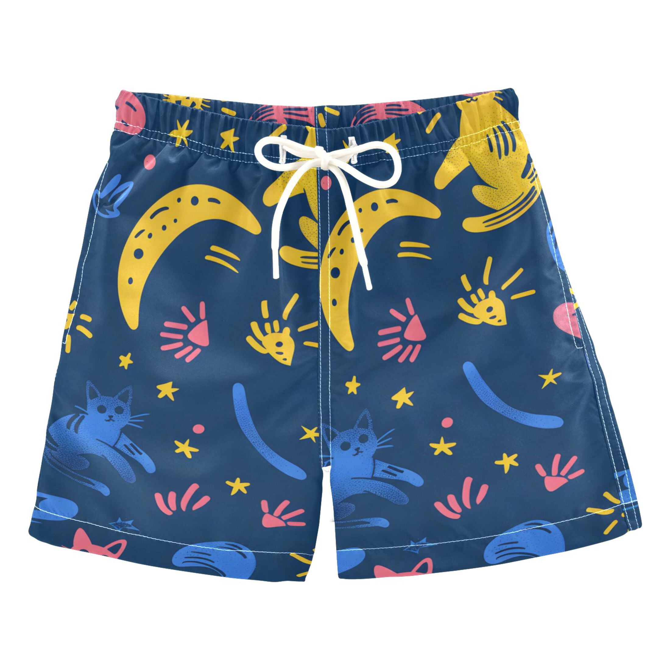 Hand Drawn Cat Moon Colorful Boys' Swim Trunks Board Shorts Beach Pants ...