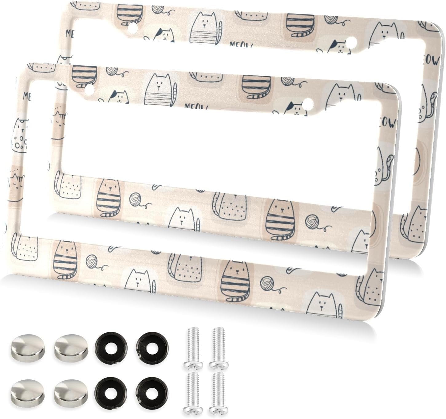 Hand Drawn Cat Pattern License Plate Frame - 2 Pack Universal Stainless ...