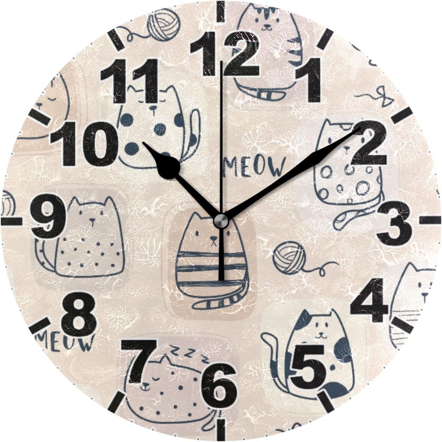 Hand Drawn Cat Pattern Round Wall Clock, Battery Operated Silent Non ...