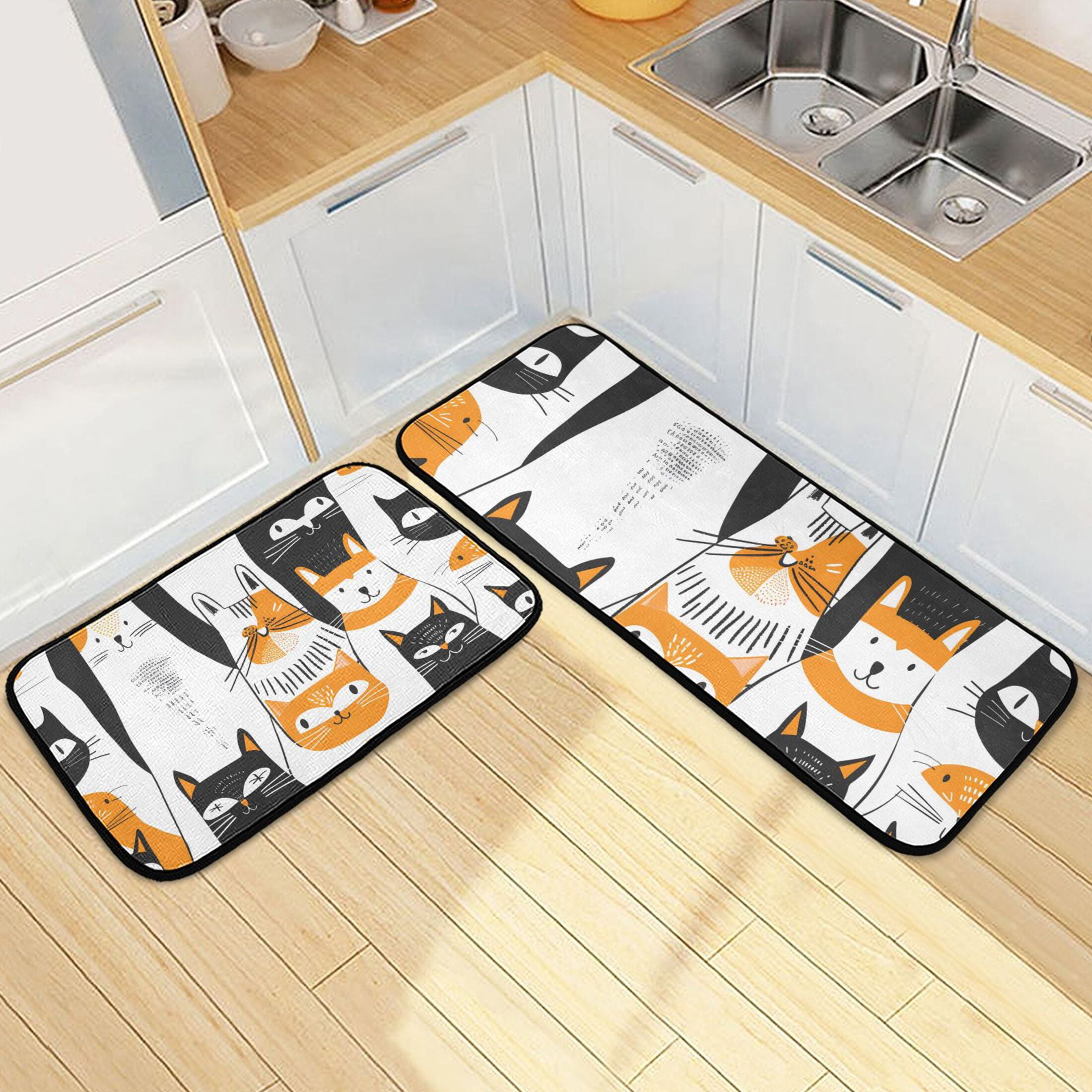 Hand Drawn Cats Kitchen Rugs Set of 2 Non Slip Floor Foam Mat Cushioned ...